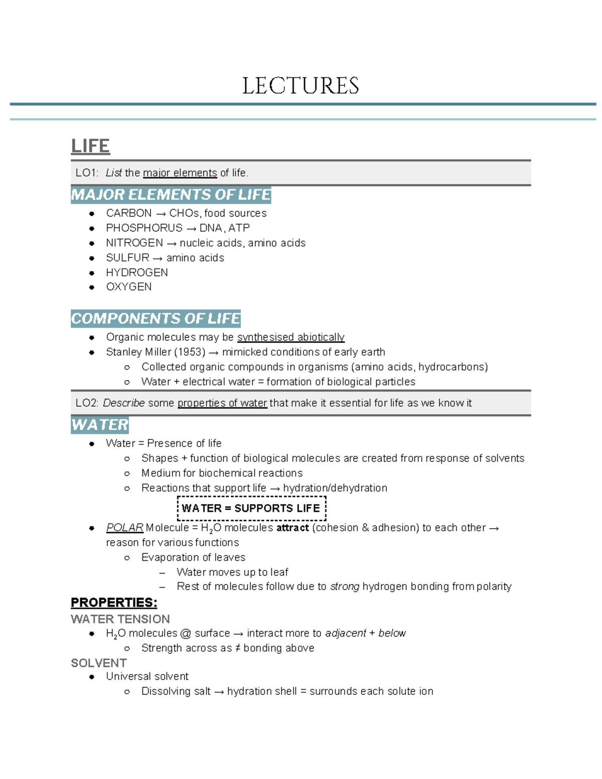 BABS1201 Lectures - LECTURES LIFE LO1: List the major elements of life ...