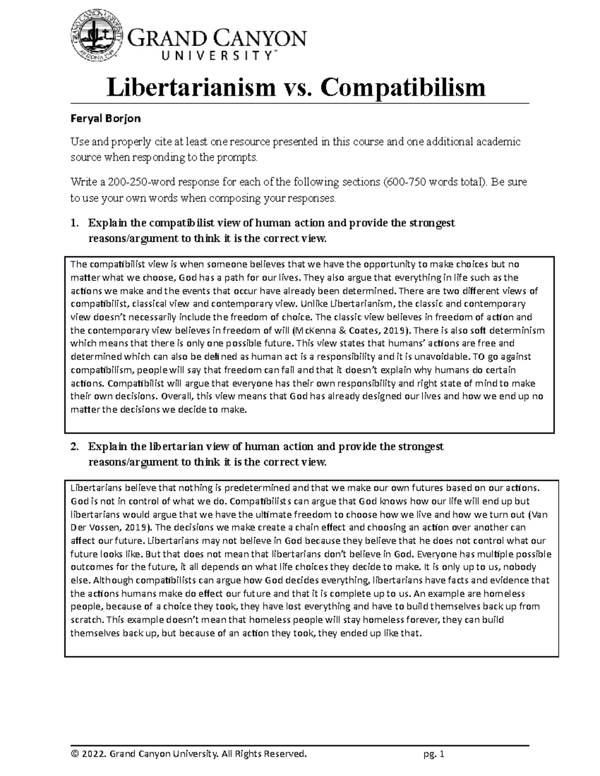 PHI-Libertarianism Compatibilism Worksheet - Libertarianism vs ...