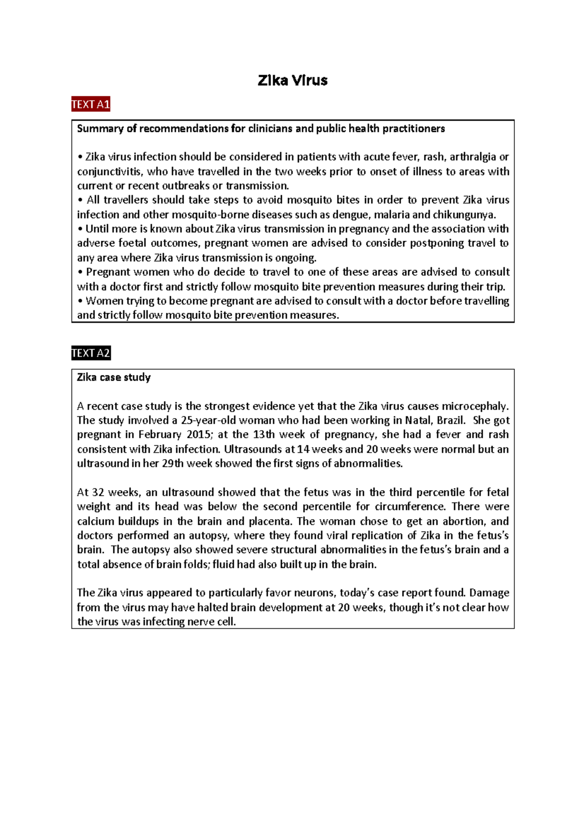 Texts - Zika Virus TEXT A Summary of recommendations for clinicians and ...
