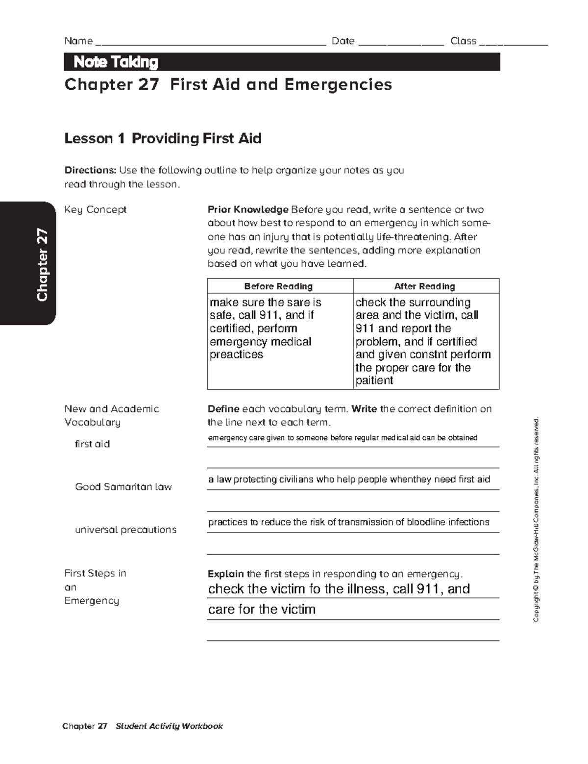 First Aid & CPR section 1 notes-2 - Chapter 27 Student Activity ...