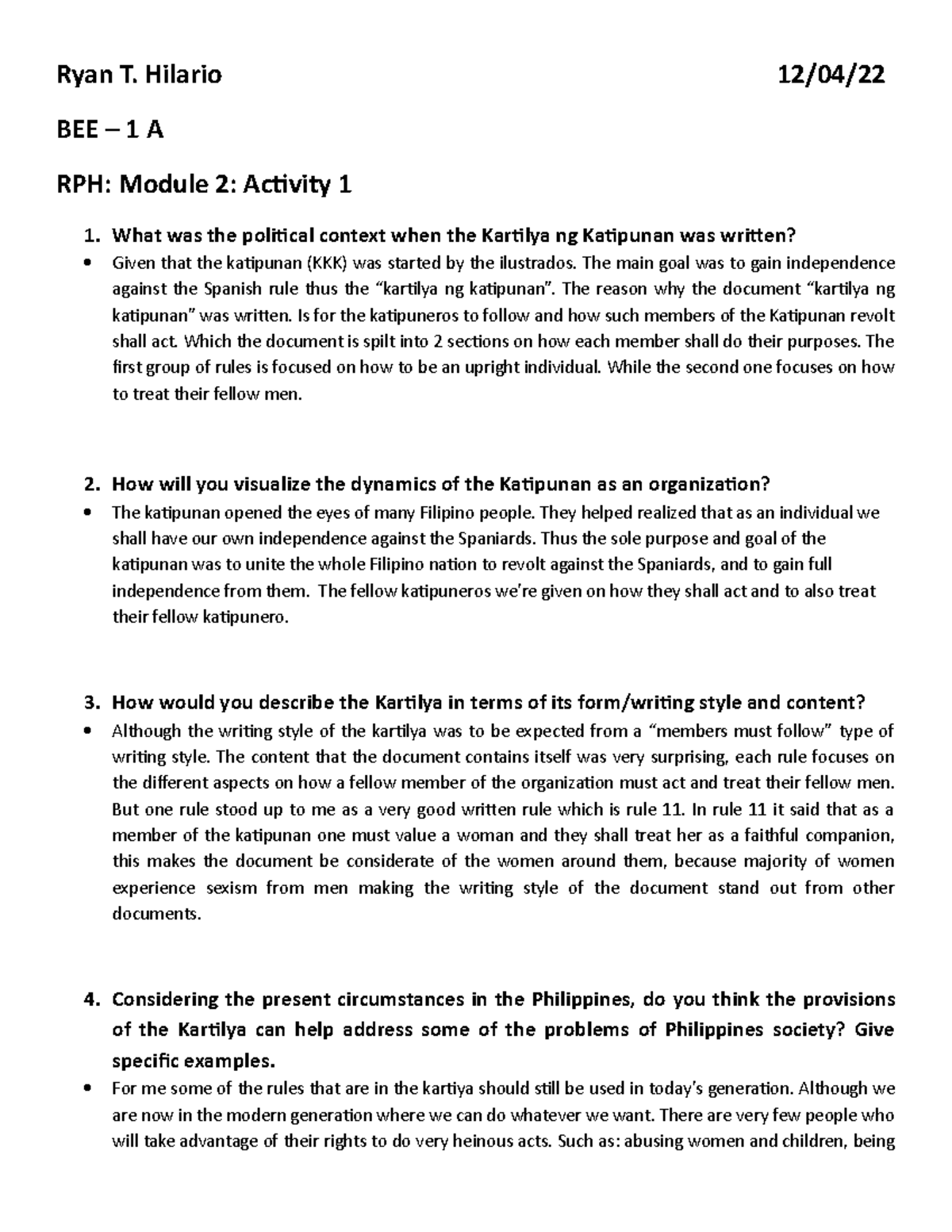 KKK and the kartilya ng katipunan - Ryan T. Hilario 12/04/ BEE – 1 A RPH: Module 2: Activity 1 1 ...