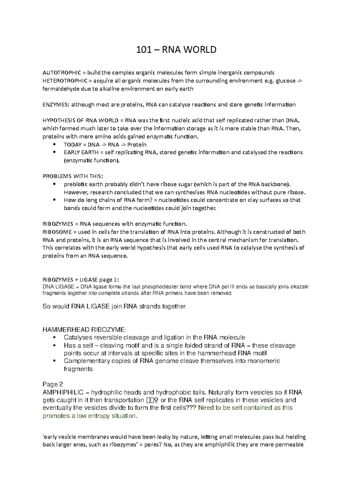 RNA World - Lecture notes 1-3 - 101 – RNA WORLD AUTOTROPHIC = build the ...