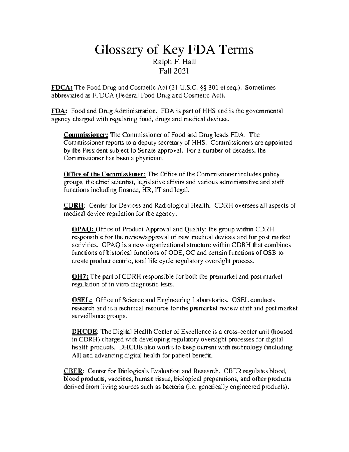 Glossary of FDA terms 2021 - Glossary of Key FDA Terms Ralph F. Hall ...