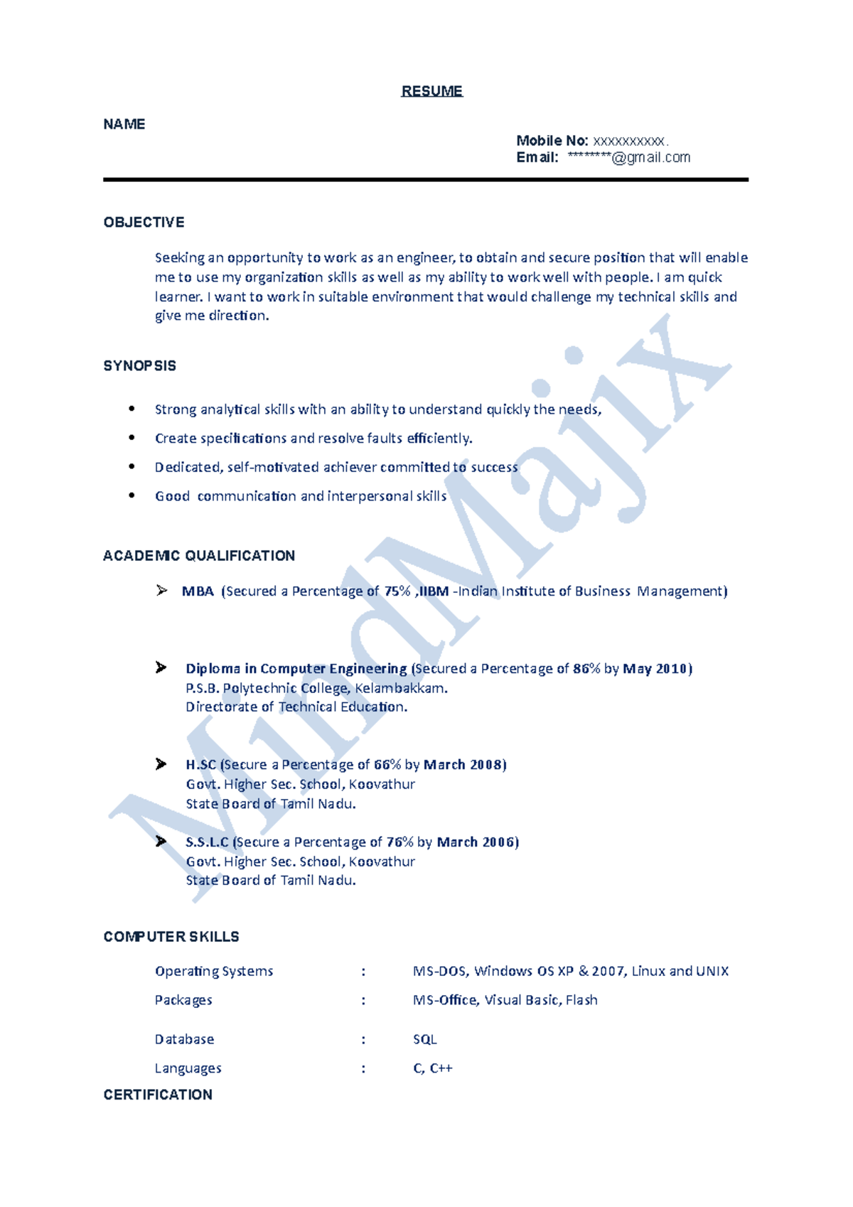 Ab Initio Sample Resume 3 - RESUME NAME Mobile No: xxxxxxxxxx. Email ...