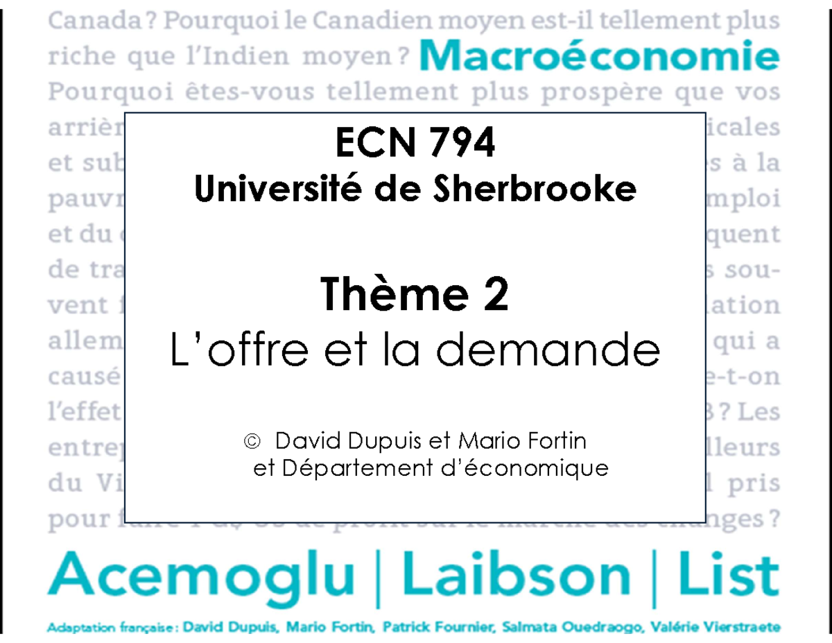 Cours offre demande - économie - ECN 794 Université de Sherbrooke Thème ...