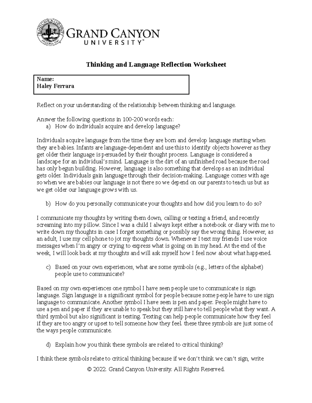 PHI105.T5 Thinkingand Language Reflection Worksheet (1) - Thinking and ...