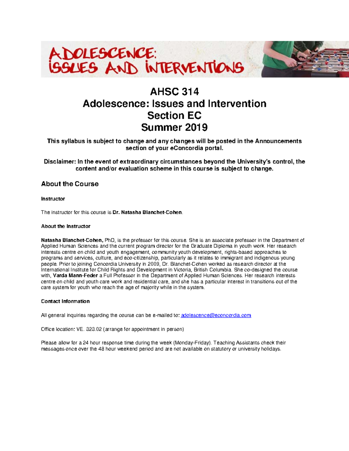 AHSC 314 - AHSC 314 Adolescence: Issues and Intervention Section EC ...