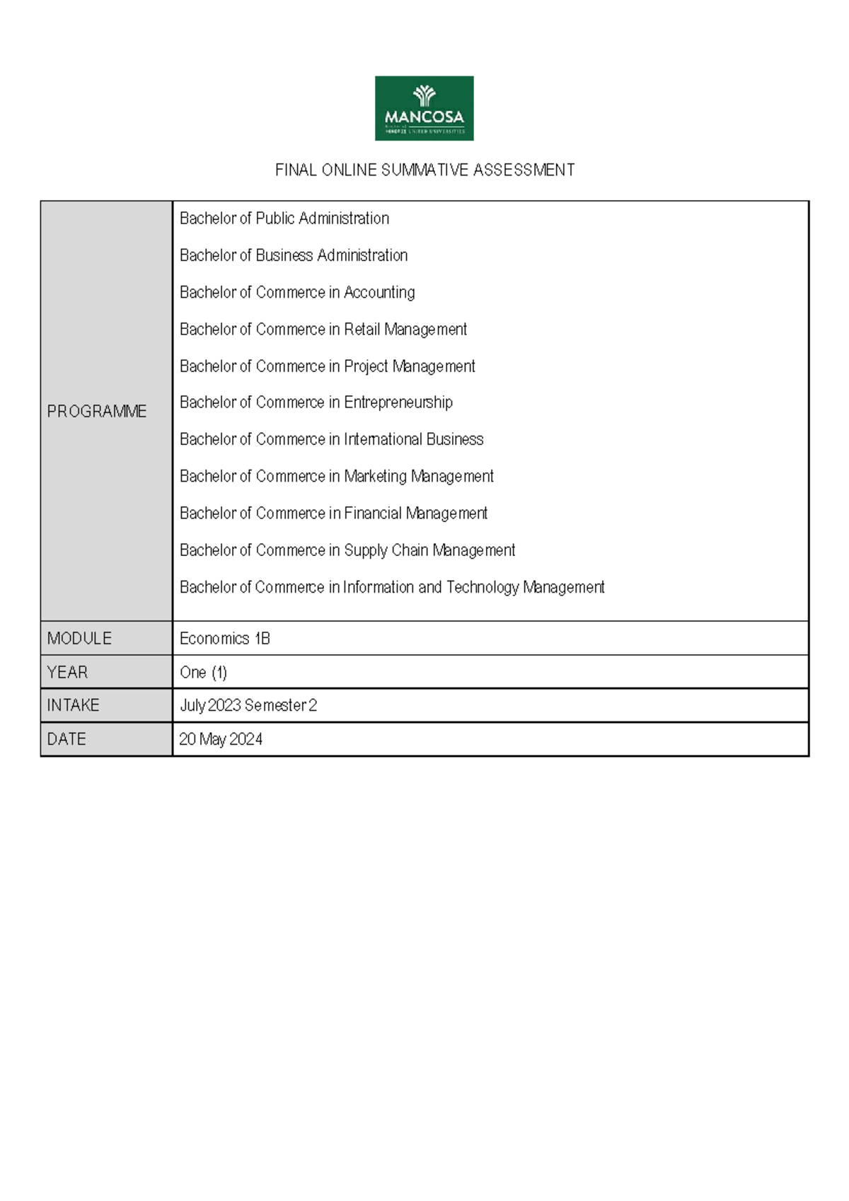 Economics 1B Final OSA 2023 - FINAL ONLINE SUMMATIVE ASSESSMENT ...