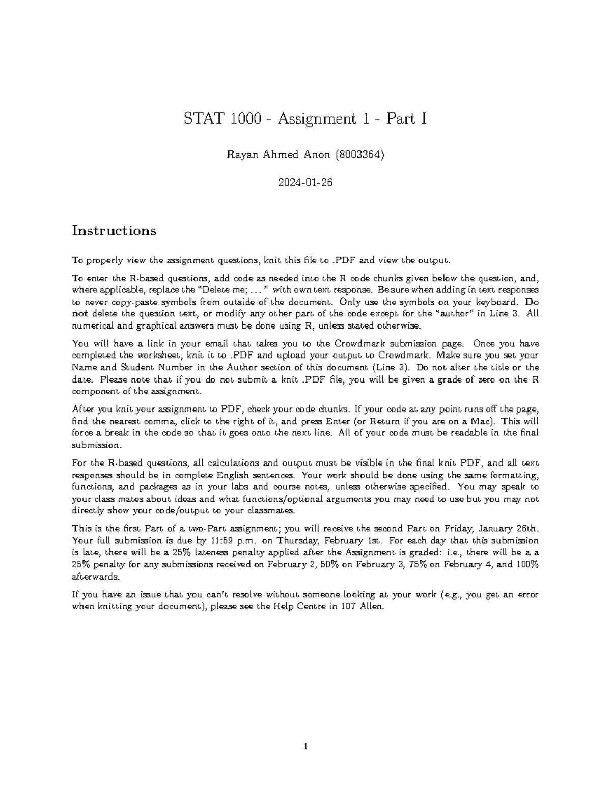 Assignment part1(rayan) - STAT 1000 - Assignment 1 - Part I Rayan Ahmed ...