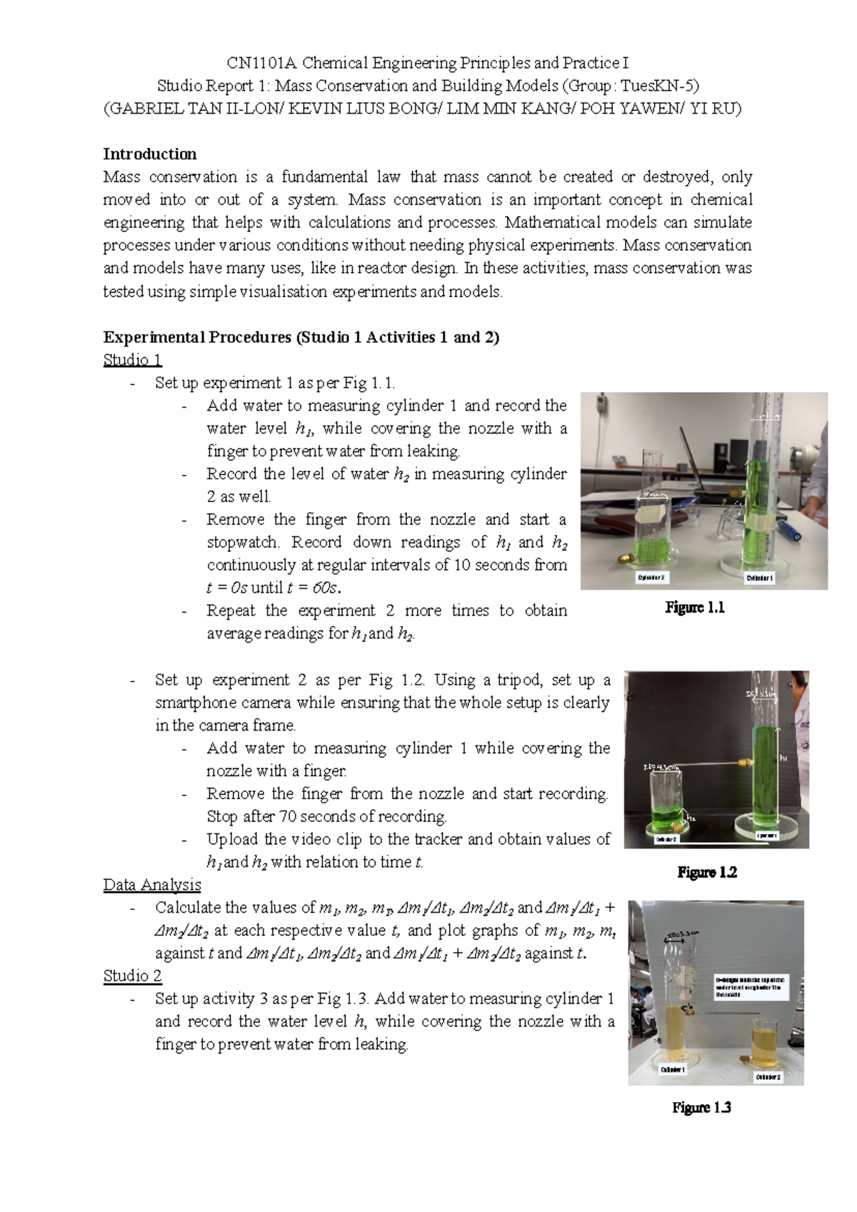 CN1101A LAB Report 1 - CN1101A Chemical Engineering Principles and Practice I Studio Report 1 ...