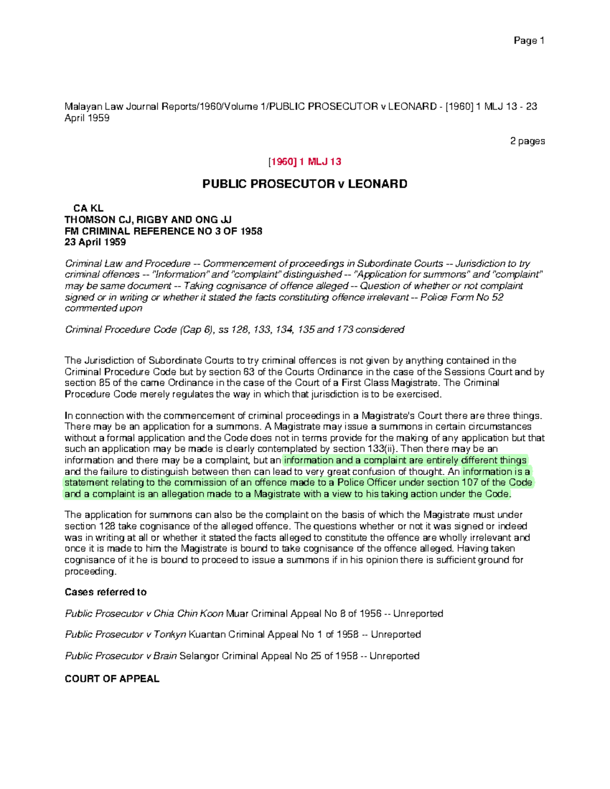 Public Prosecutor v Leonard - [1960] 1 MLJ 1 - Malayan Law Journal ...