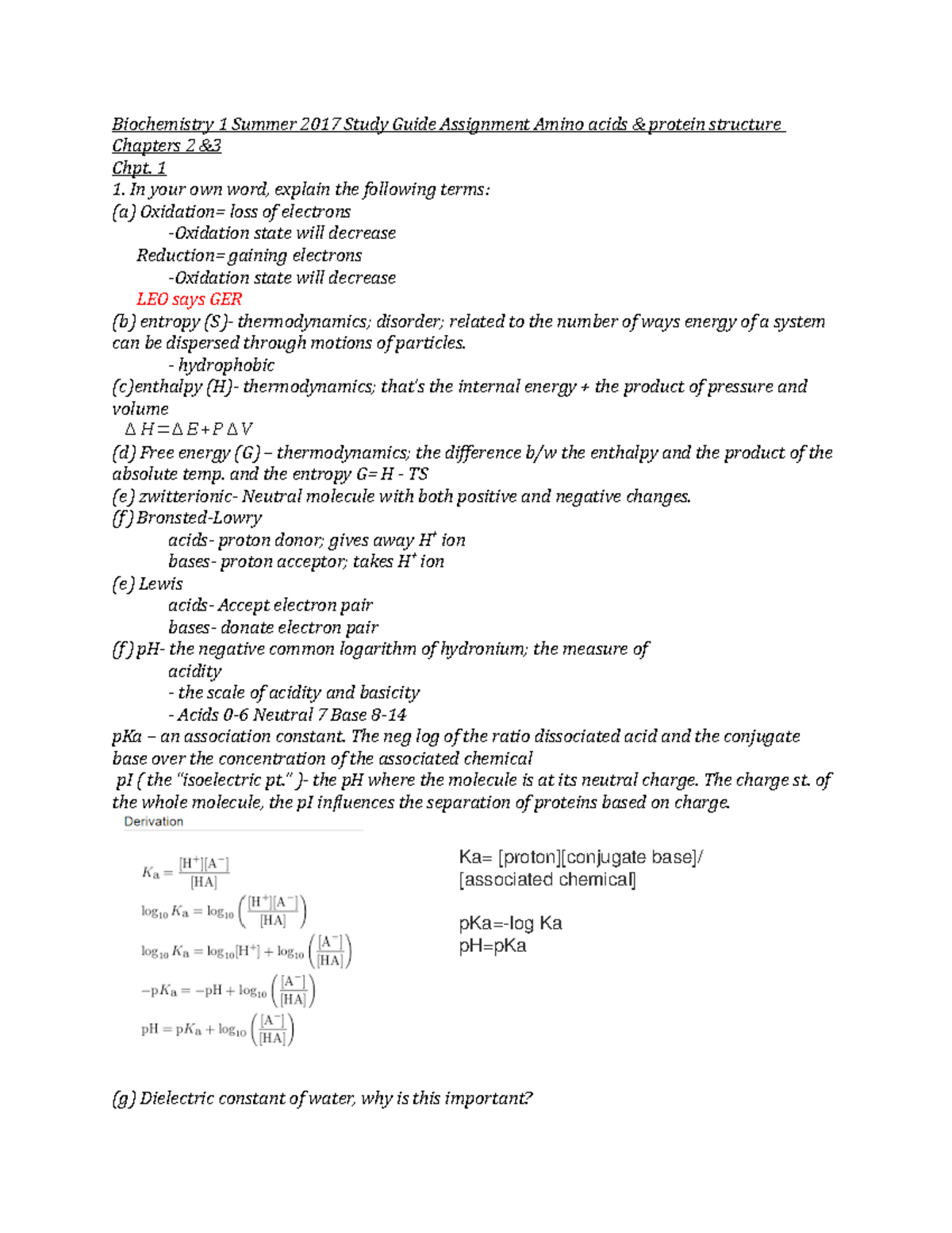Summer Biochem 1 study guide chpts 1-3 - Biochemistry 1 Summer 2017 ...
