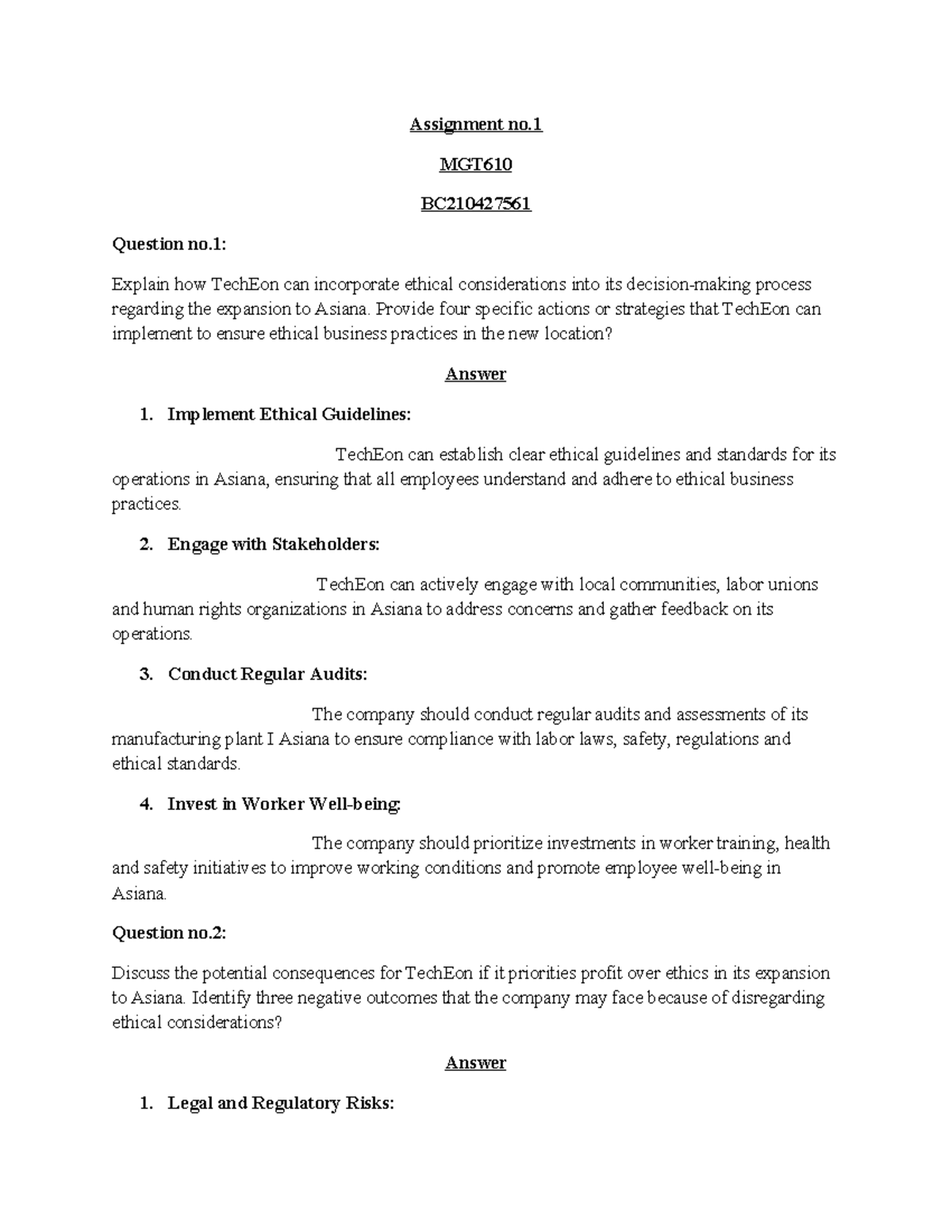 Spring 2024 MGT610 1 BC210427561 - Assignment no. MGT BC Question no ...