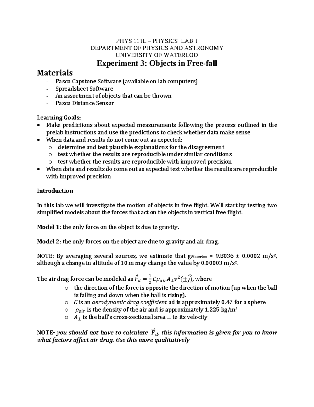 111LExpt 3 Student Instructions - PHYS 1 1 1L – PHYSICS LAB 1 ...