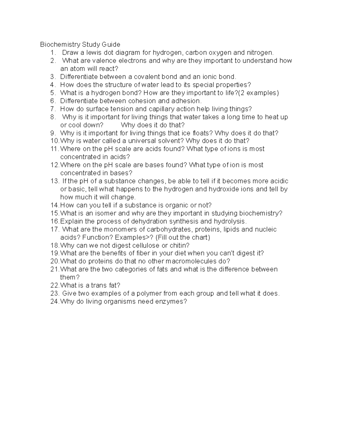 Copy of Biochemistry Study Guide - Biochemistry Study Guide 1. Draw a ...