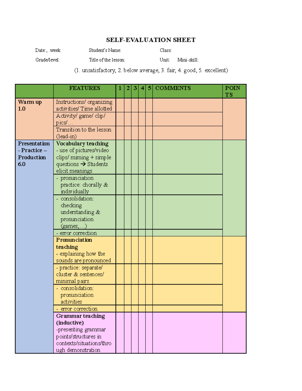 SELF- Evaluation Sheet - SELF-EVALUATION SHEET Date:, .week Student’s ...