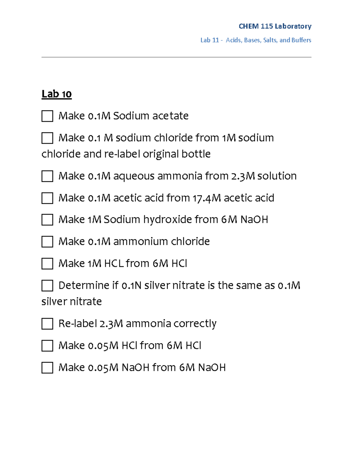 Chemistry Lab 11 - CHEM 115 Laboratory Lab 11 Acids, Bases, Salts, and ...