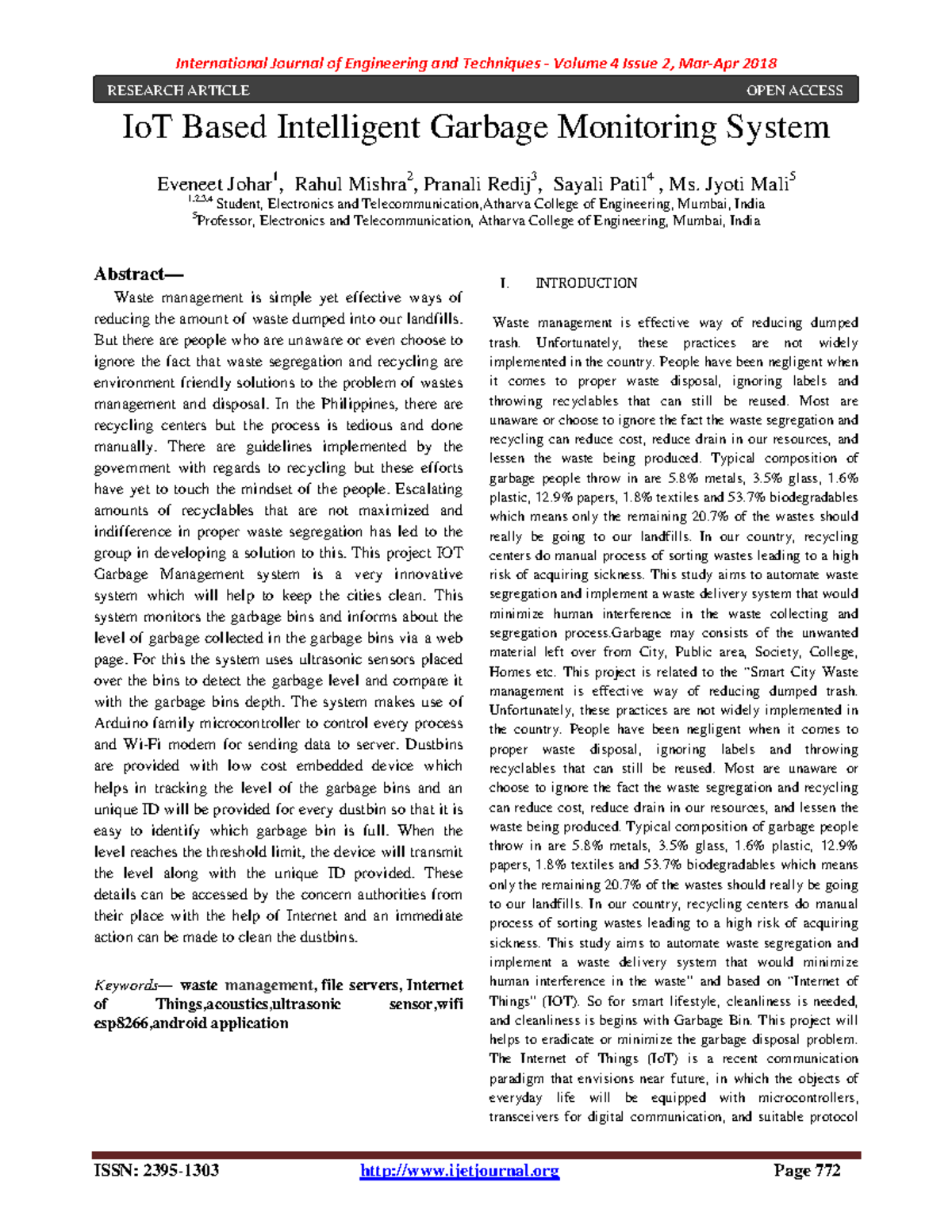 IJET-V4I2P120 - Summary BS Information Technology - IoT Based Intelligent Garbage Monitoring ...