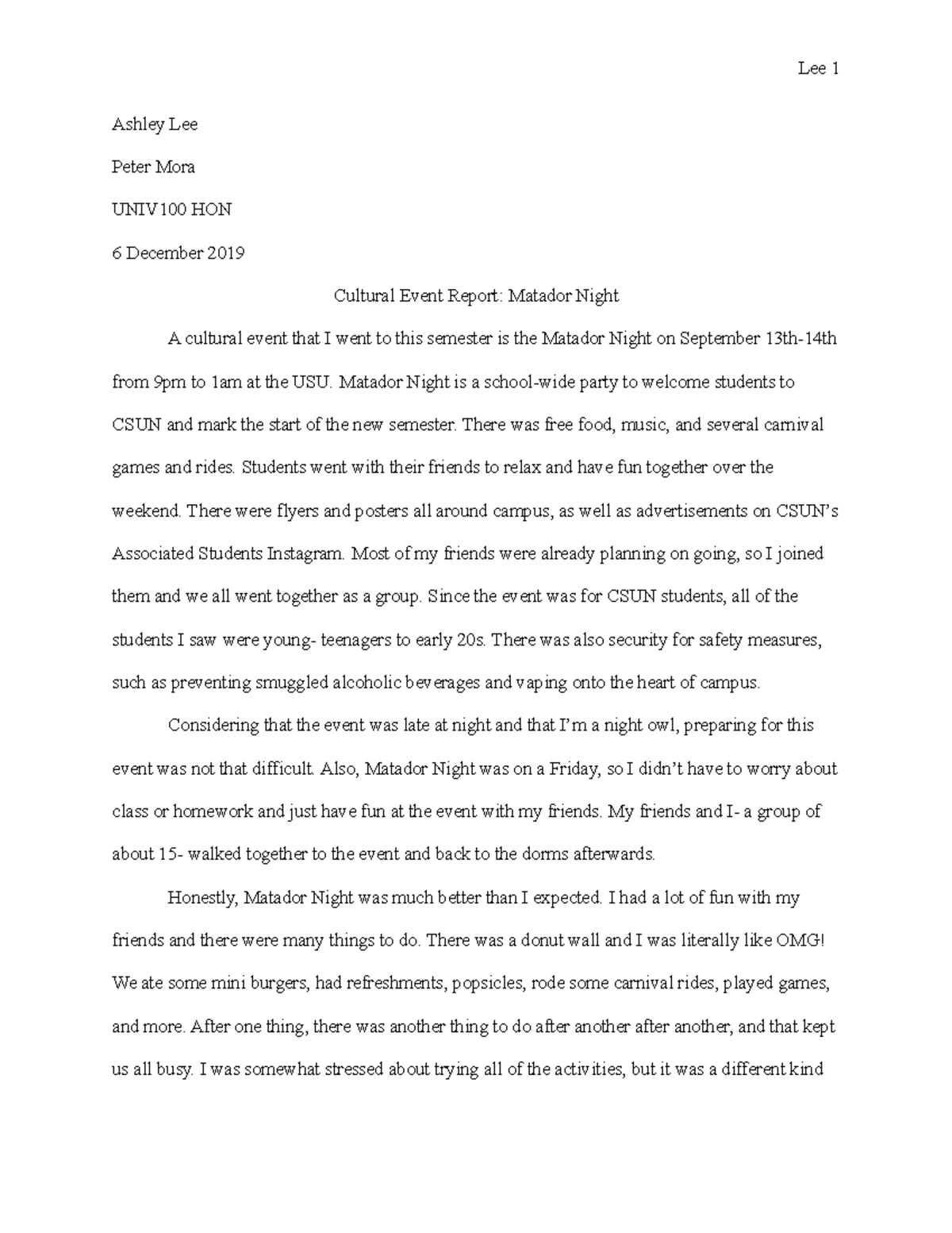 Cultural Event Report - Lee 1 Ashley Lee Peter Mora UNIV100 HON 6 ...