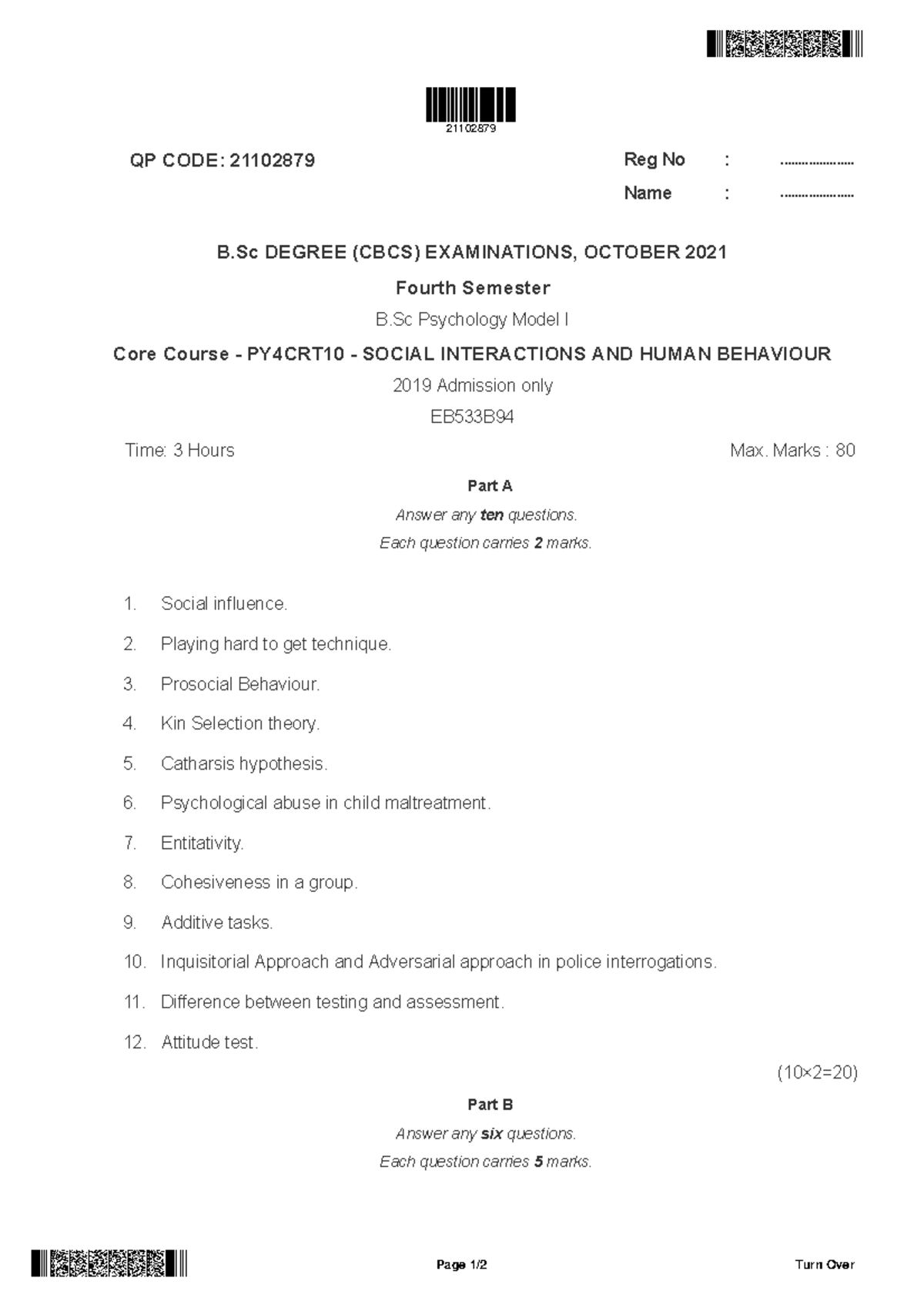 Bsc 4 sem psychology social interactions and human behaviour 21102879 oct 2021 - QP CODE ...