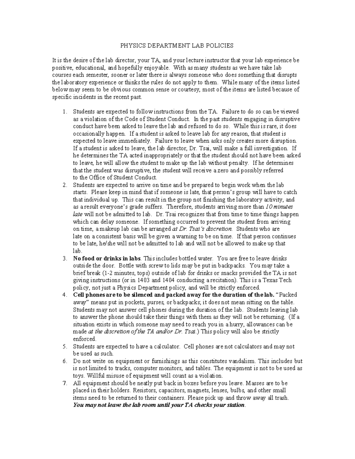 Physics Lab Policies - hello - PHYSICS DEPARTMENT LAB POLICIES It is ...