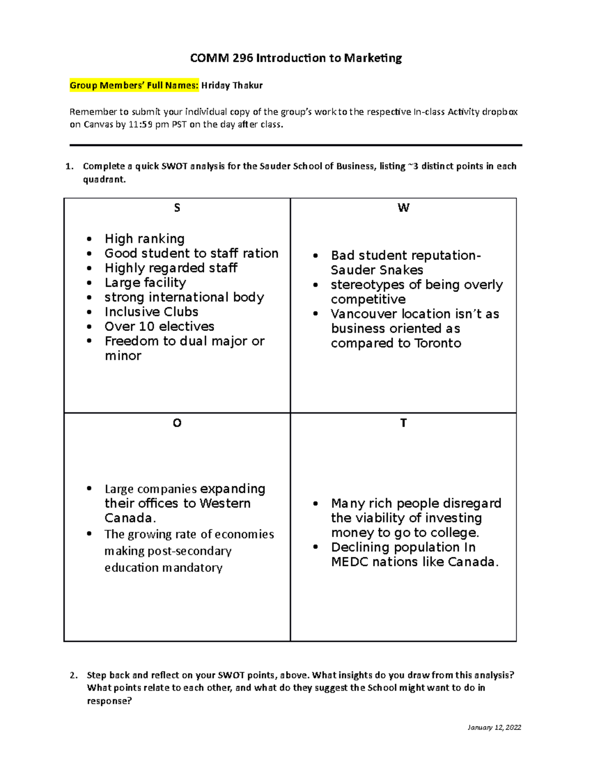 C296 2 SWOT Analysis Worksheet - COMM 296 Introduction to Marketing ...