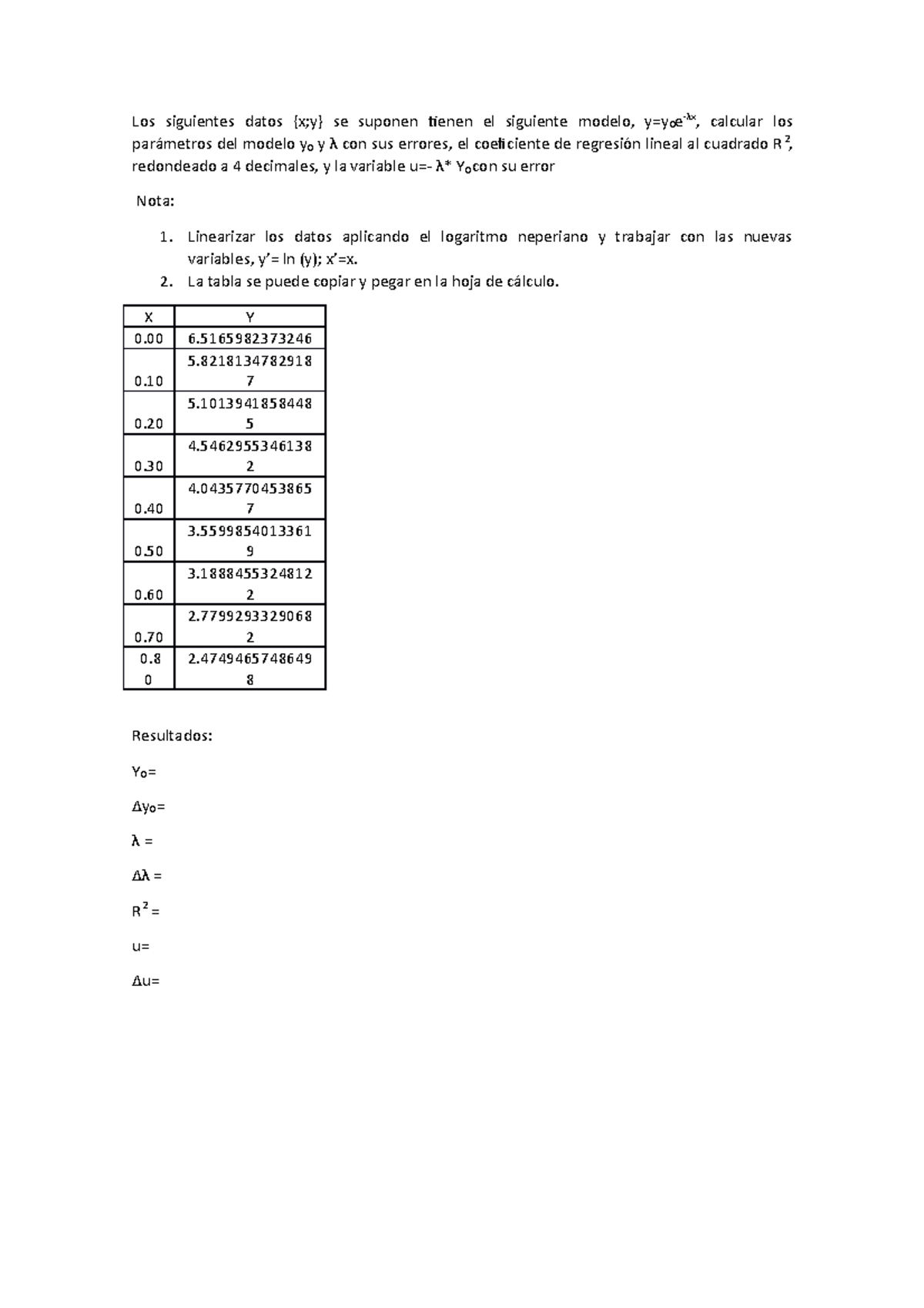 Regresión Exponencial - Los siguientes datos {x;y} se suponen tienen el ...