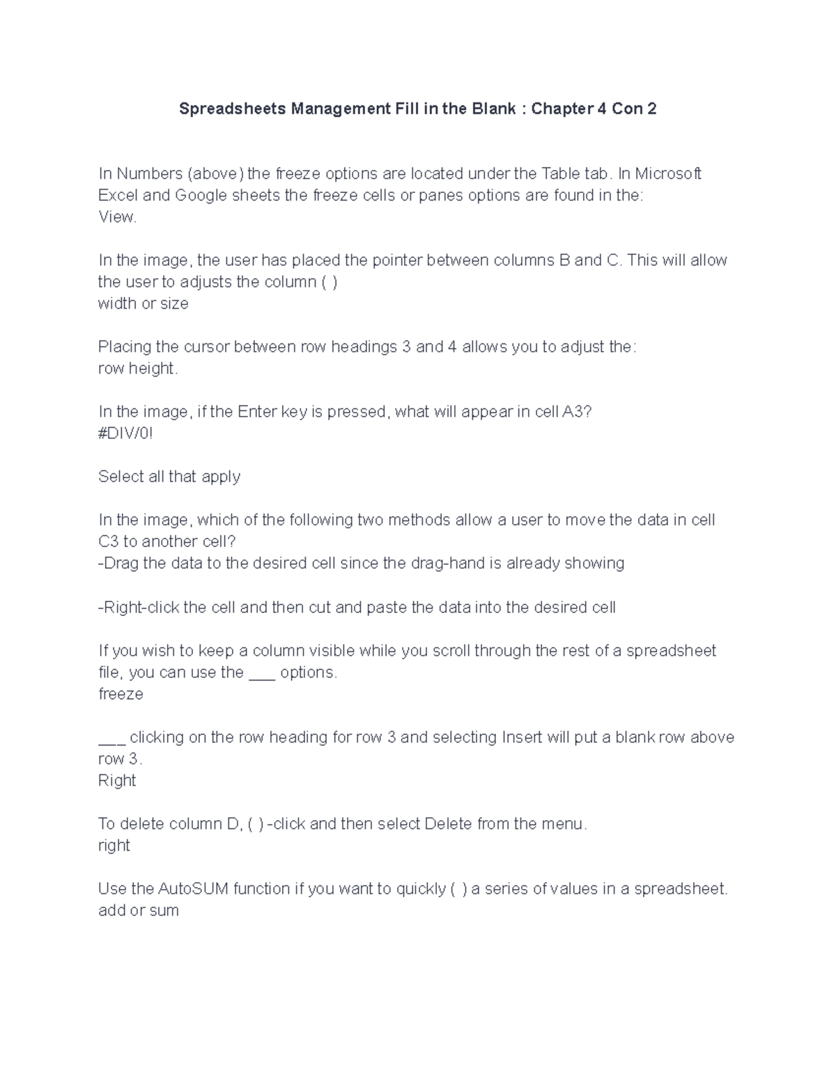 Spreadsheets Management Fill in the Blank Chapter 4 Con 2 - Deprecated ...