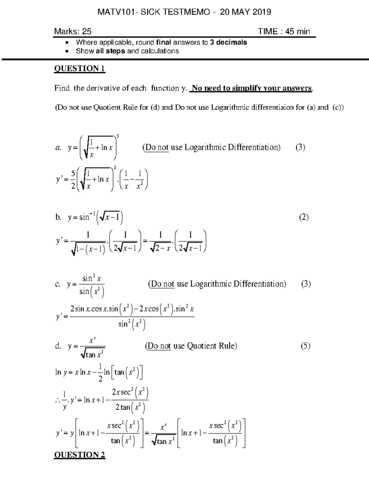 Test 9 June 2019, questions and answers - MATV101- SICK TESTMEMO - 20 ...