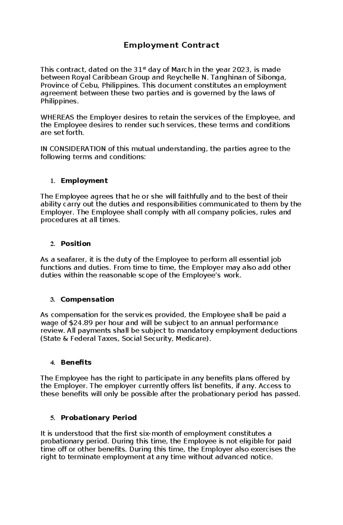 Employment Contract - an important notes. - Employment Contract This ...