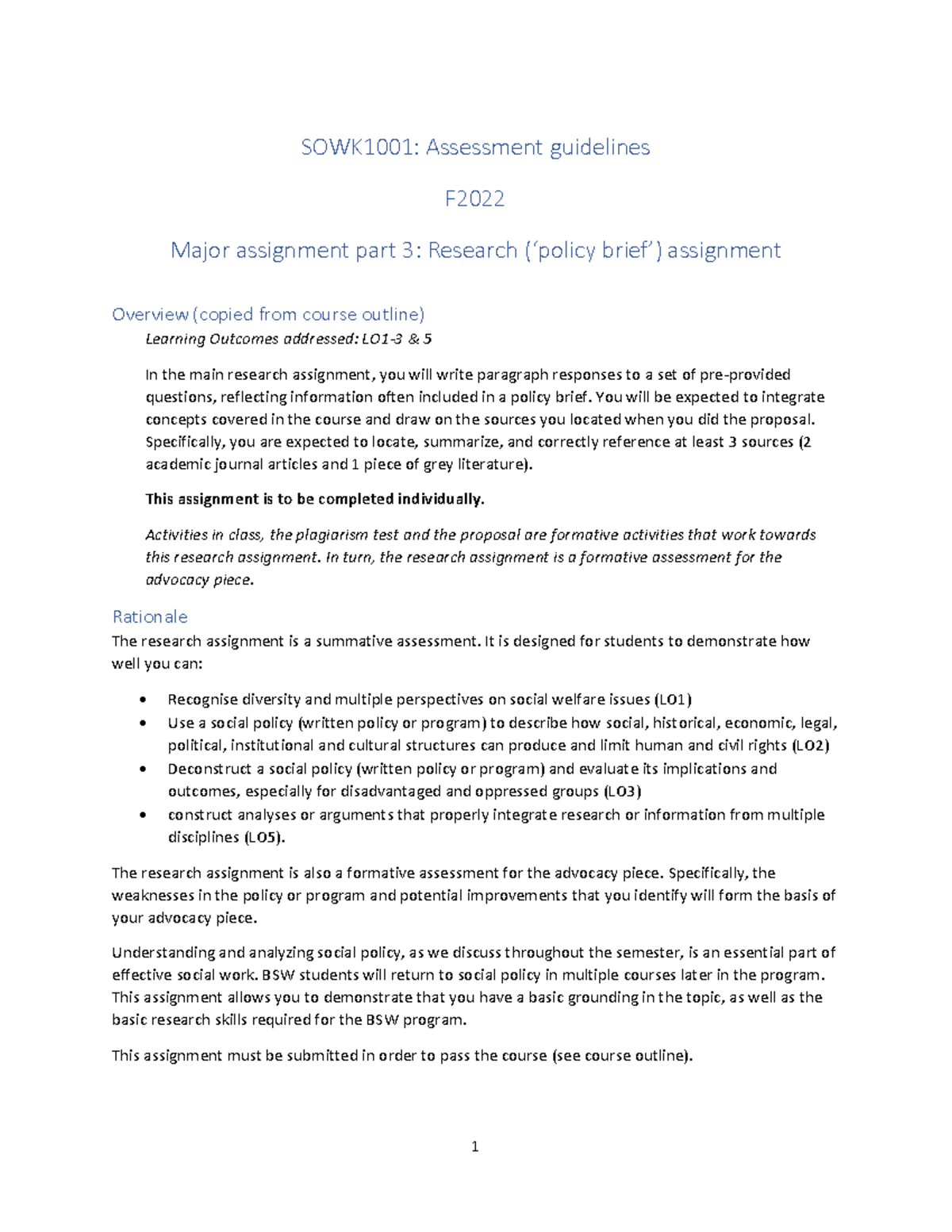 3. Research assignment guidelines. F2022 - SOWK1001: Assessment guidelines F Major assignment ...