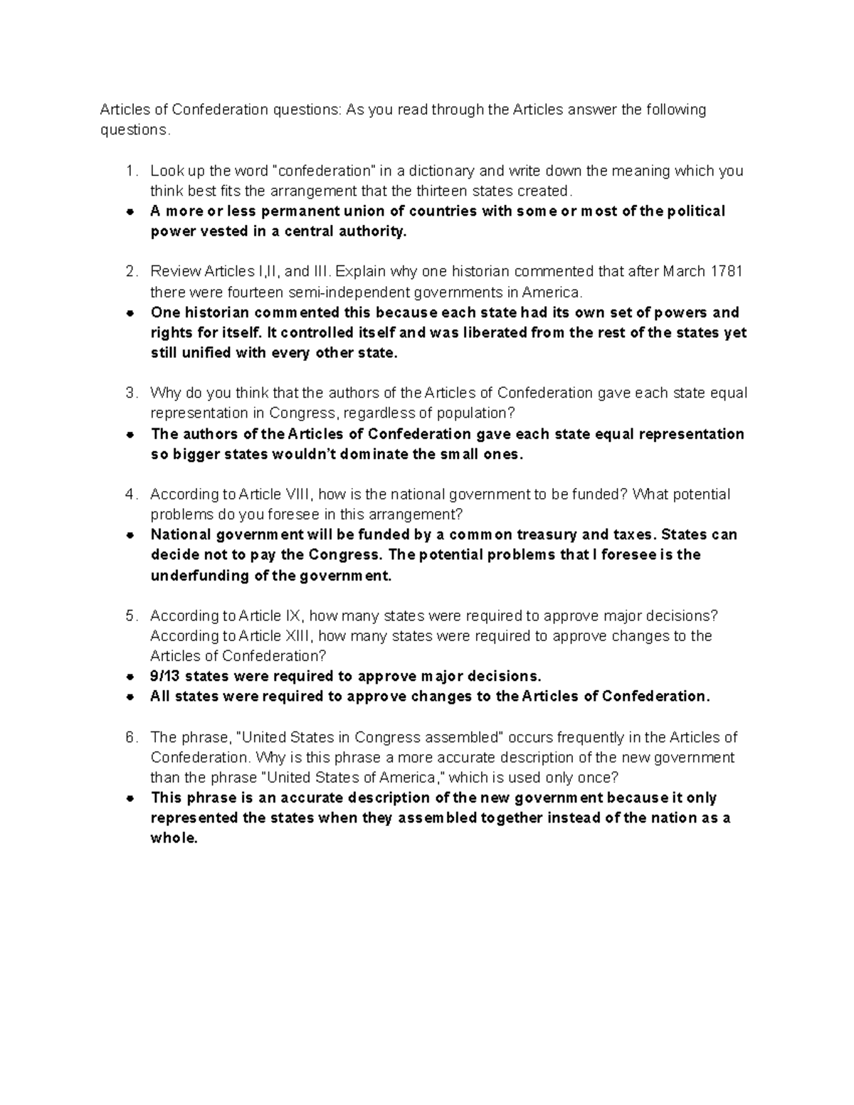 Articles of Confederation questions - 1. Look up the word ...