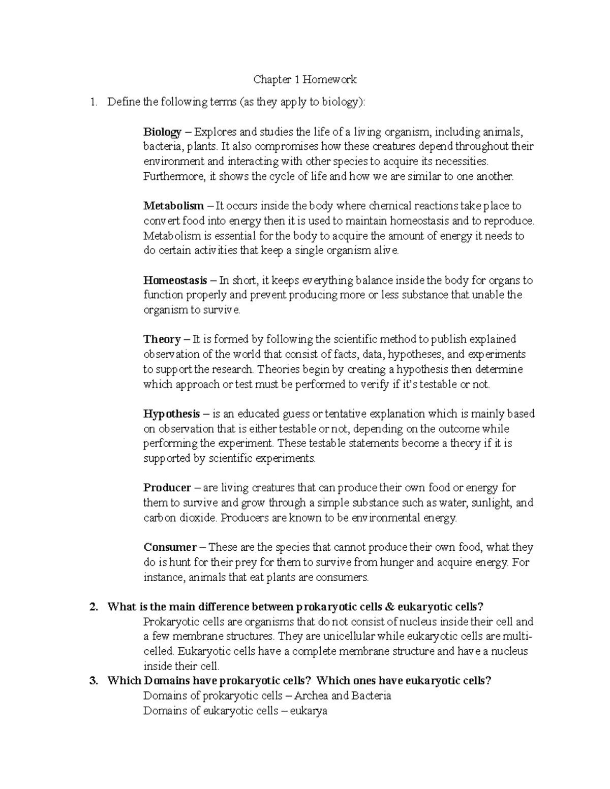 Chapter 1 Homework - Biology and Scientific method - Chapter 1 Homework ...