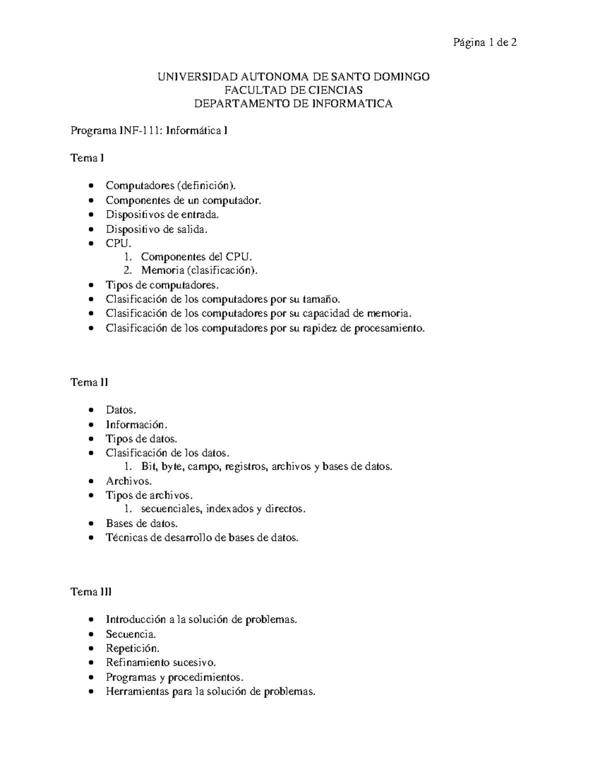 Programa de clases INF-1110 - Informatica I - Página 1 de 2 UNIVERSIDAD ...