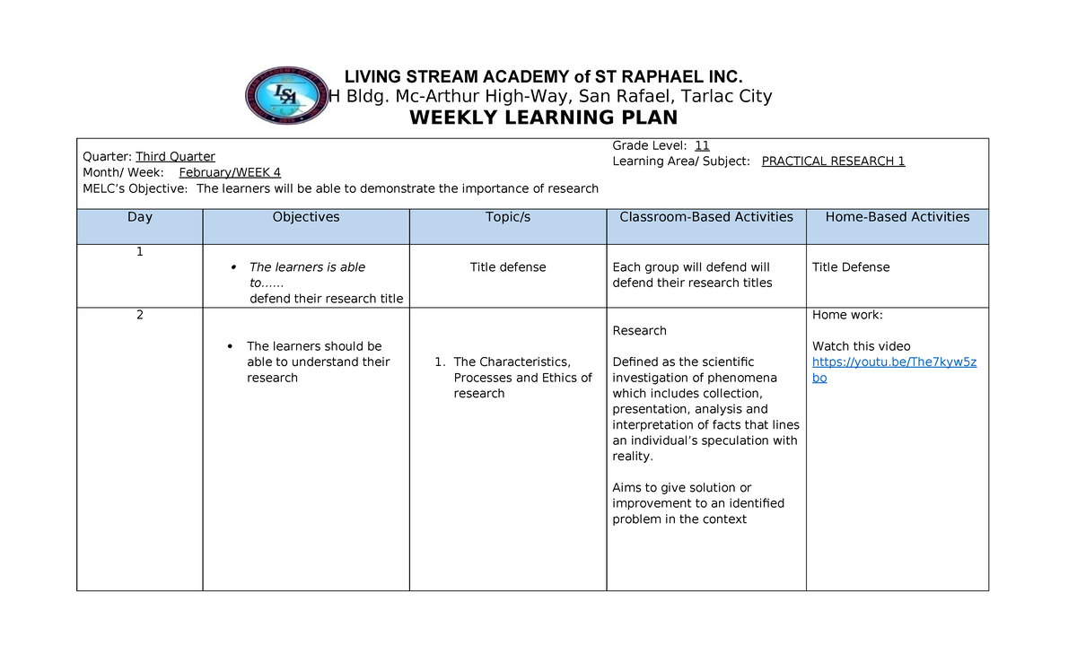 Weekly Learning Plan-PR1 - WEEK 4 - LIVING STREAM ACADEMY of ST RAPHAEL ...
