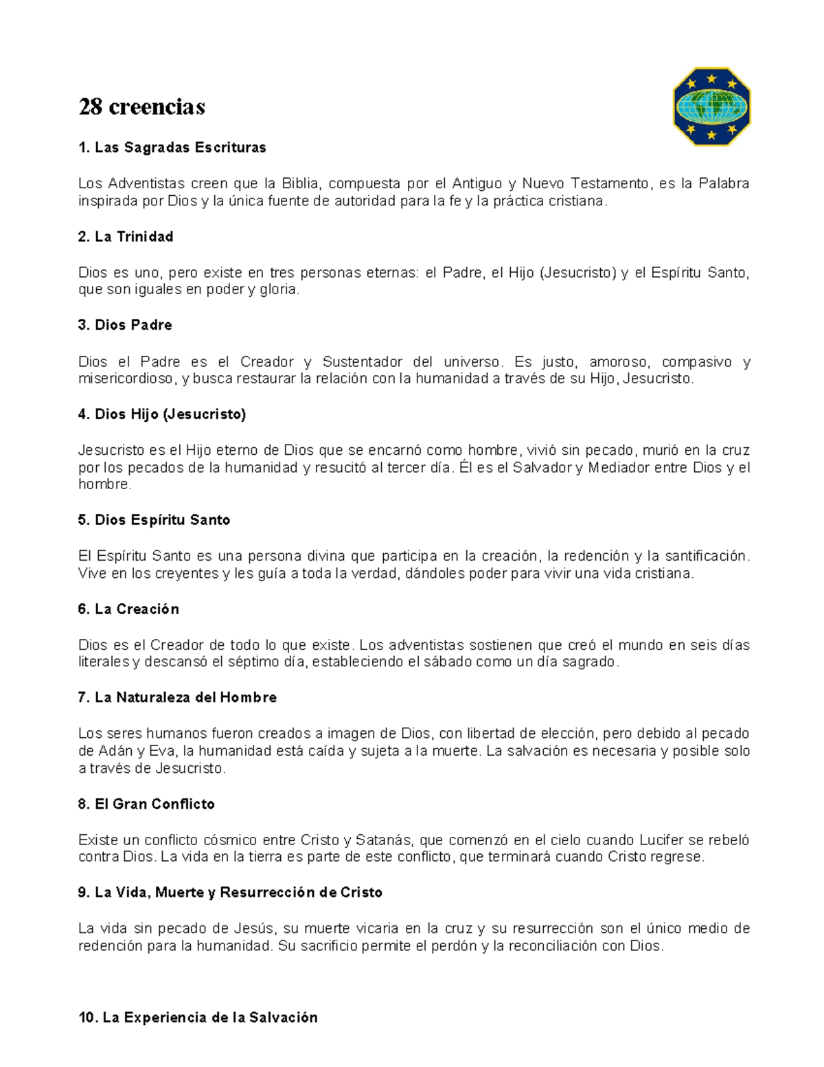 28 creencias - 28 creencias Las Sagradas Escrituras Los Adventistas creen que la Biblia ...