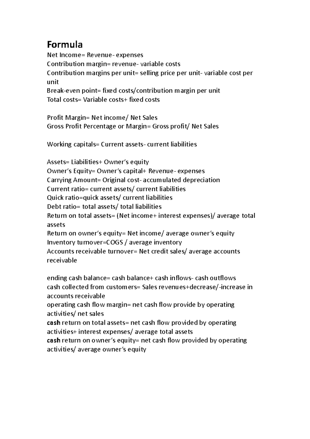 Formula+key concepts answer - Formula Net Income= Revenue- expenses ...
