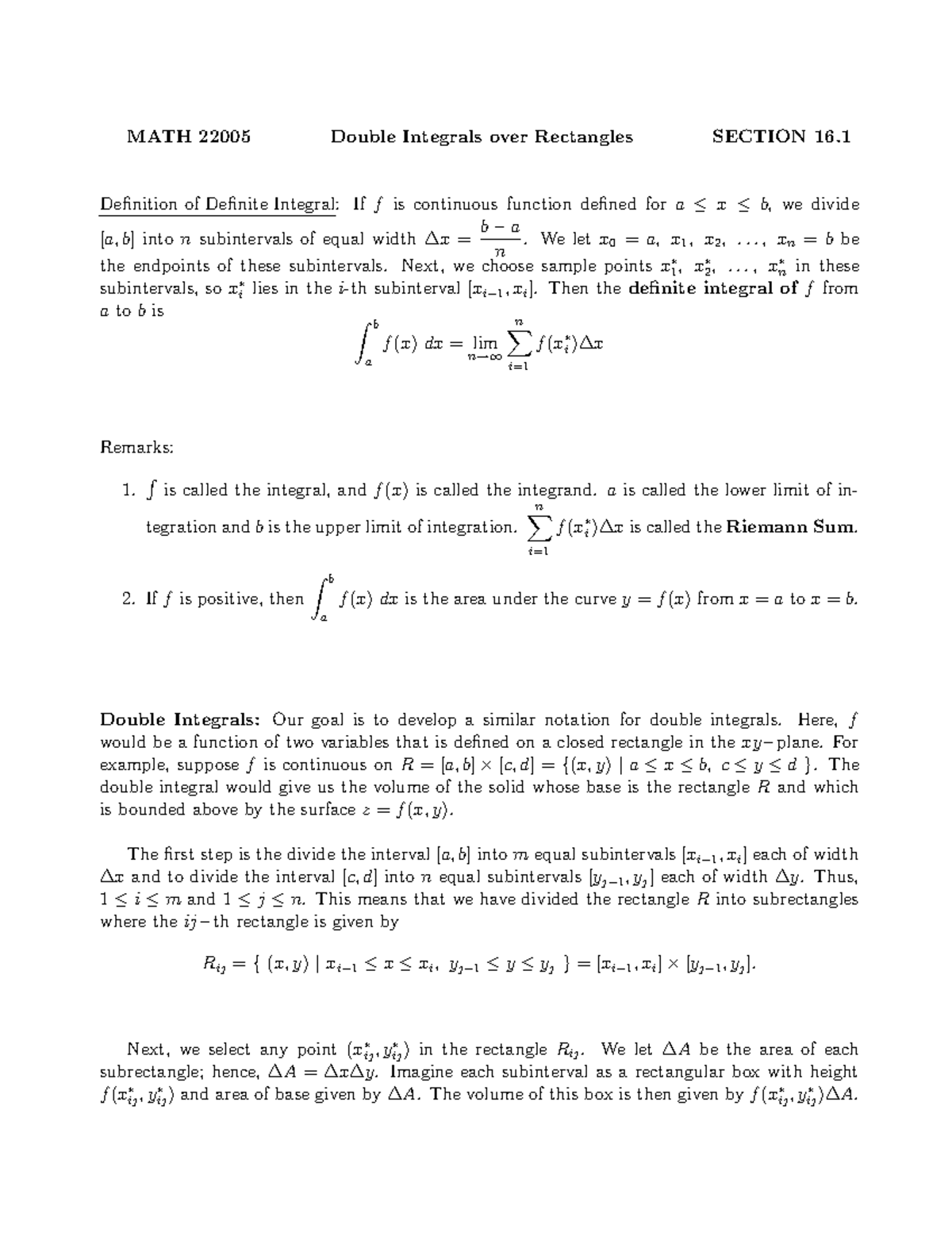 Double Integrals over Rectangles - Definition of Definite Integral: Iff ...
