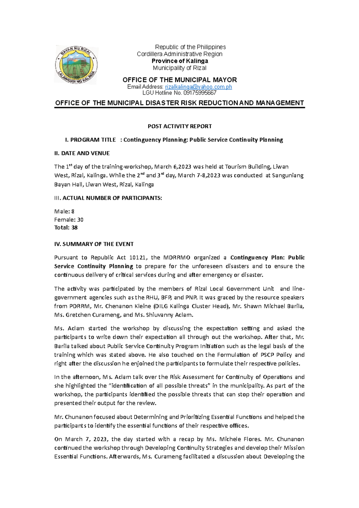 Post Activity Report - Republic of the Philippines Cordillera ...