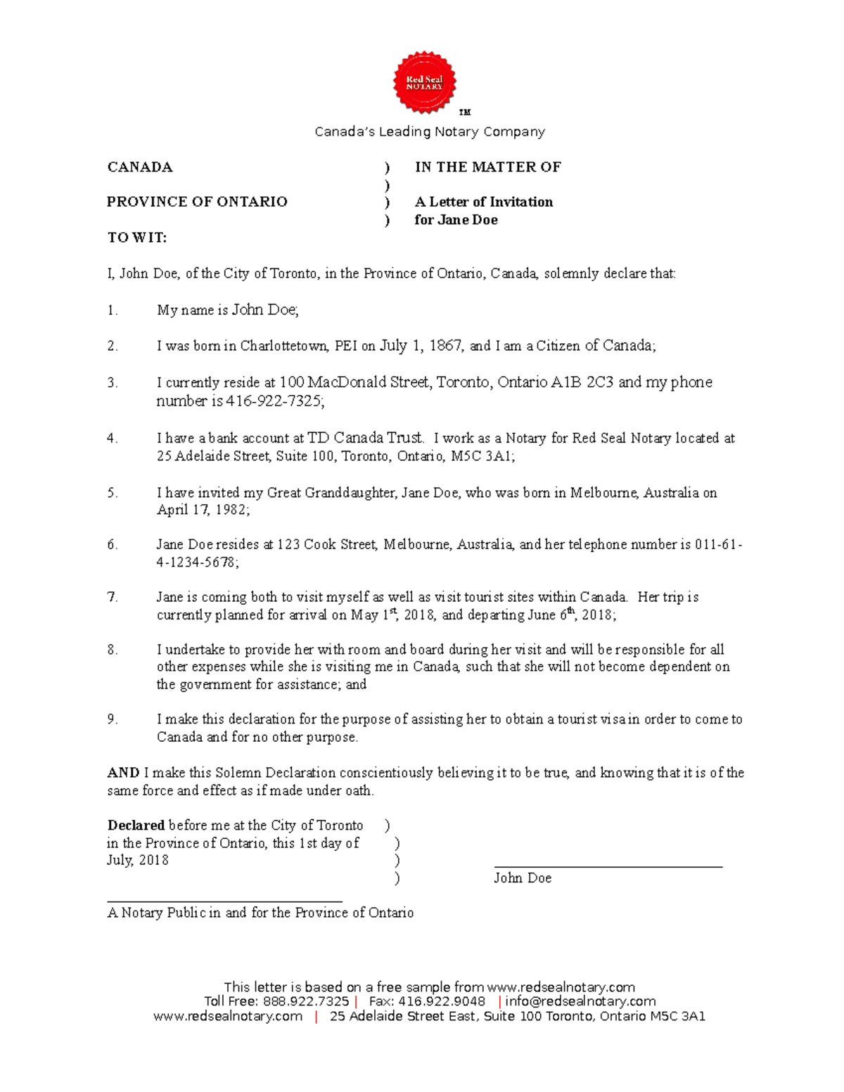 Letterof Invitation Sample - TM Canada’s Leading Notary Company CANADA ...