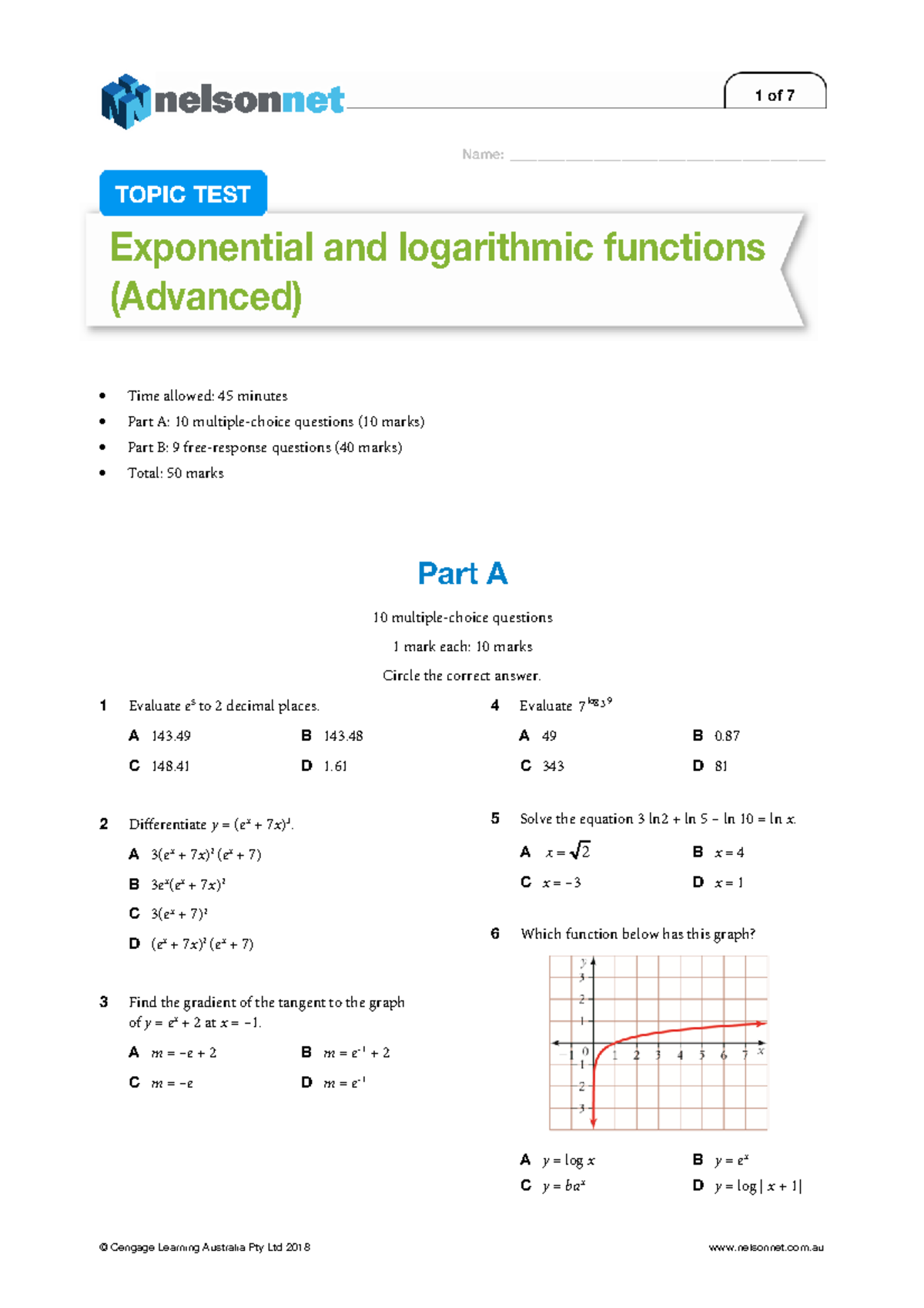 Exponential and logarithmic functions (Adv) Nelson Net Topic Test ...