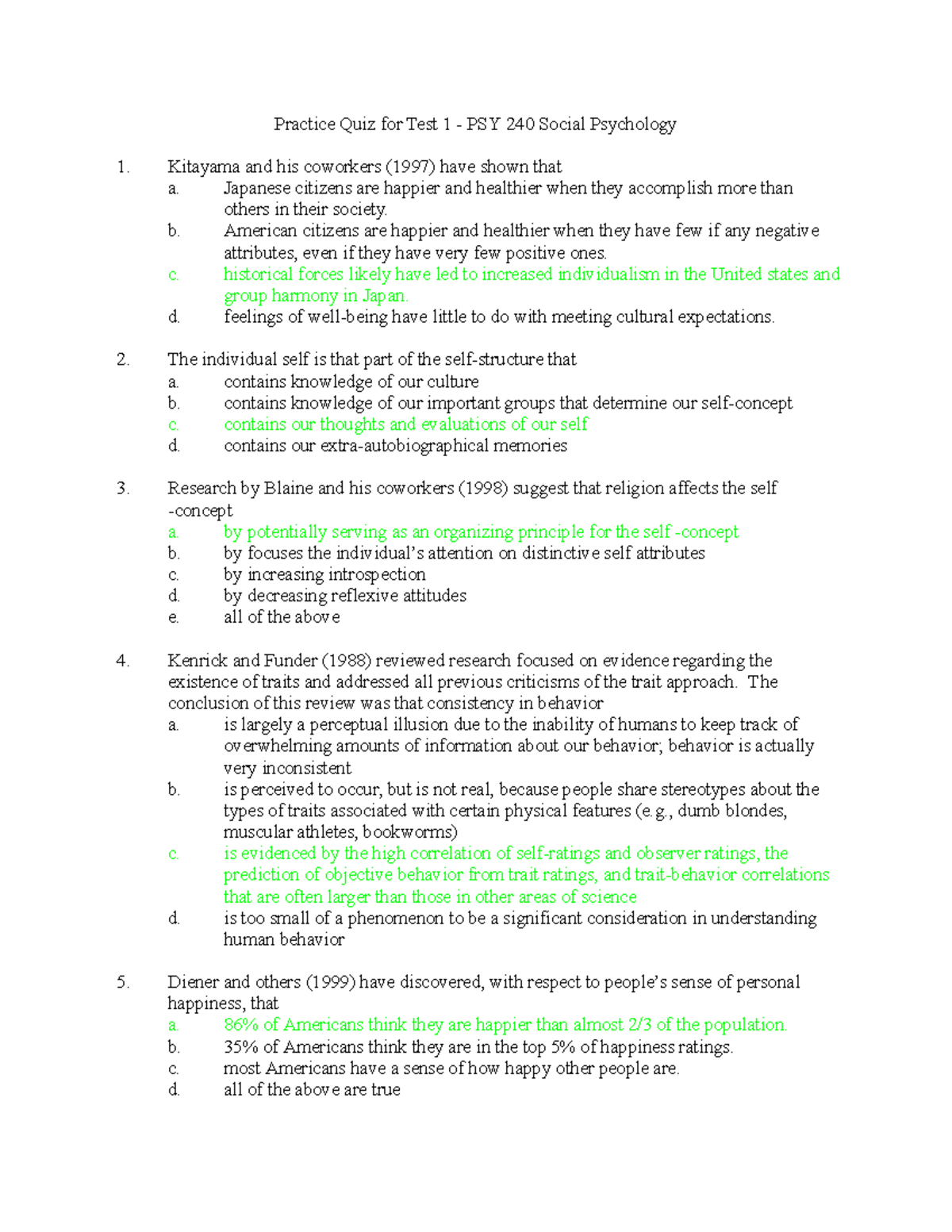 Practice Quiz for Test 1 - PSY 240 Social Psychology - Practice Quiz ...