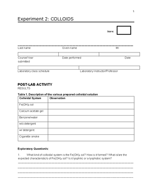 Colloids Post Lab Activity - Experiment 2: COLLOIDS Score: BS ...