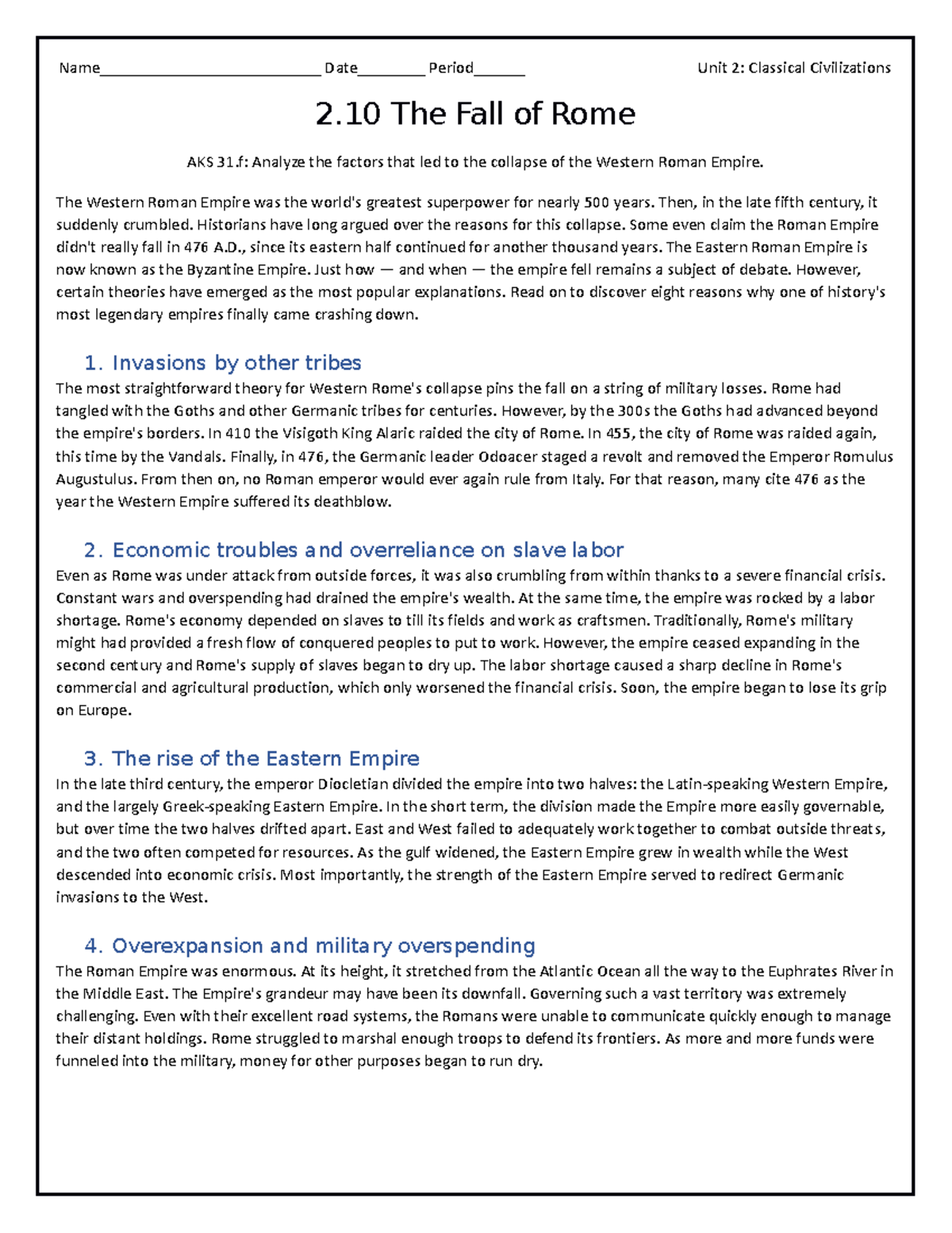 2.10 Fall of Rome - Student Notes - Name__________________________ Date ...