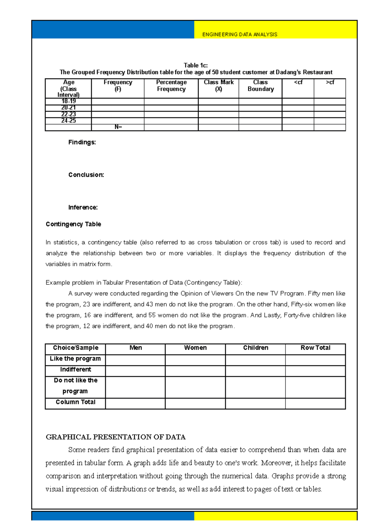 Engineering Analysis Pt - ENGINEERING DATA ANALYSIS Table 1c: The ...