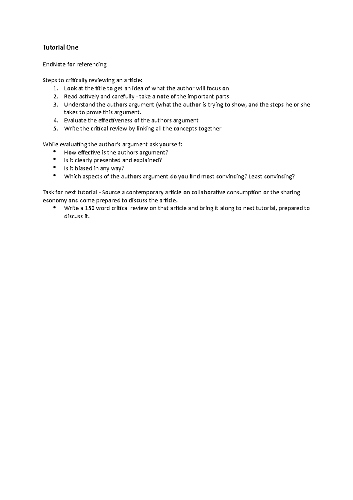 Tutorial One - Tutorial One EndNote for referencing Steps to critically ...