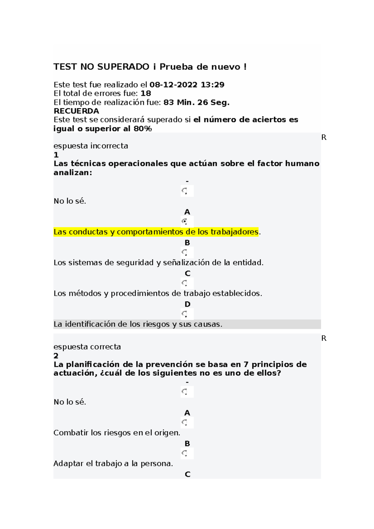 TEST. Unidad 3 Tecnicas DE Prevencion - TEST NO SUPERADO ¡ Prueba de ...