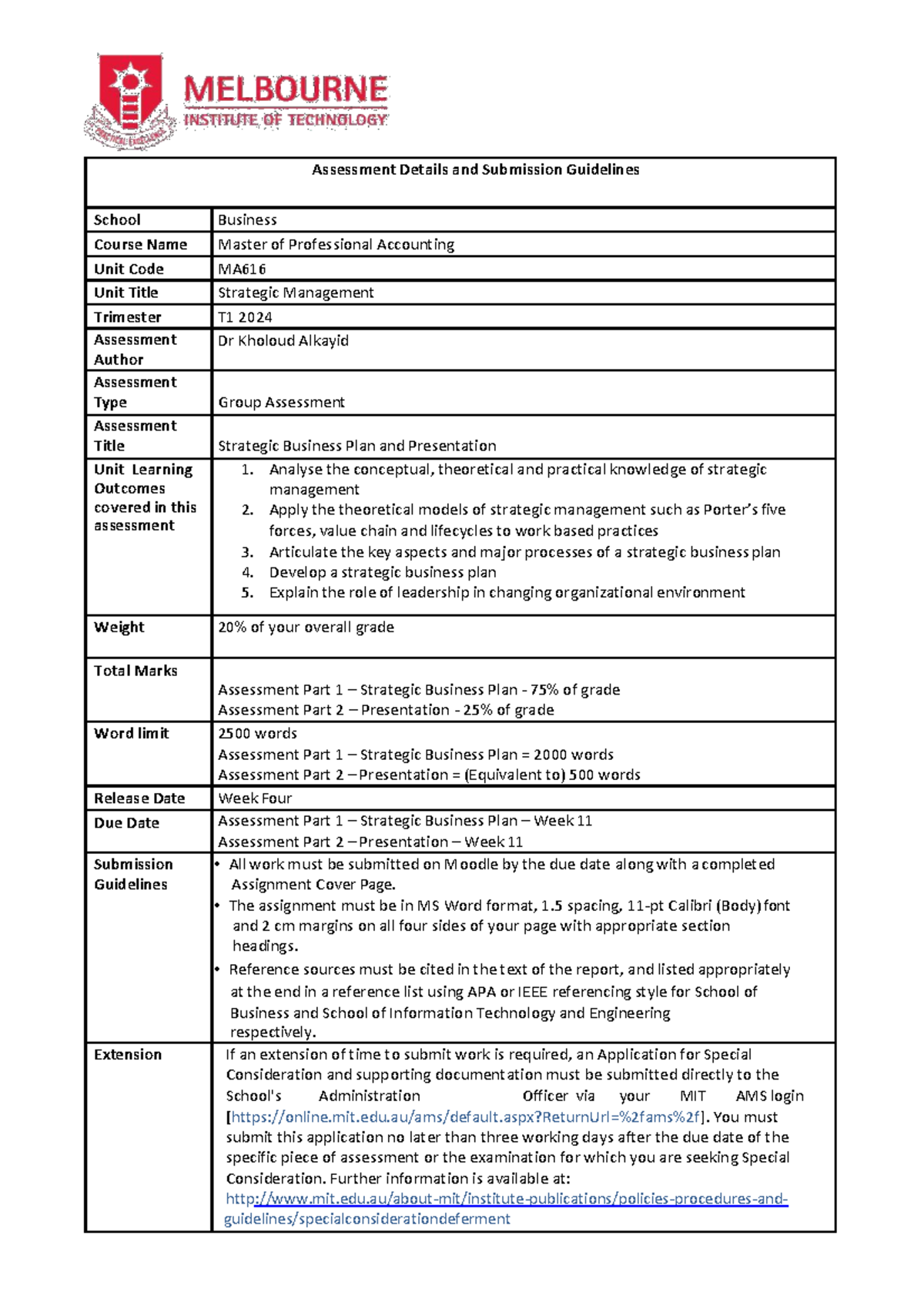 MA616 Group Assessment and Presentation T1 2024 - Assessment Details ...