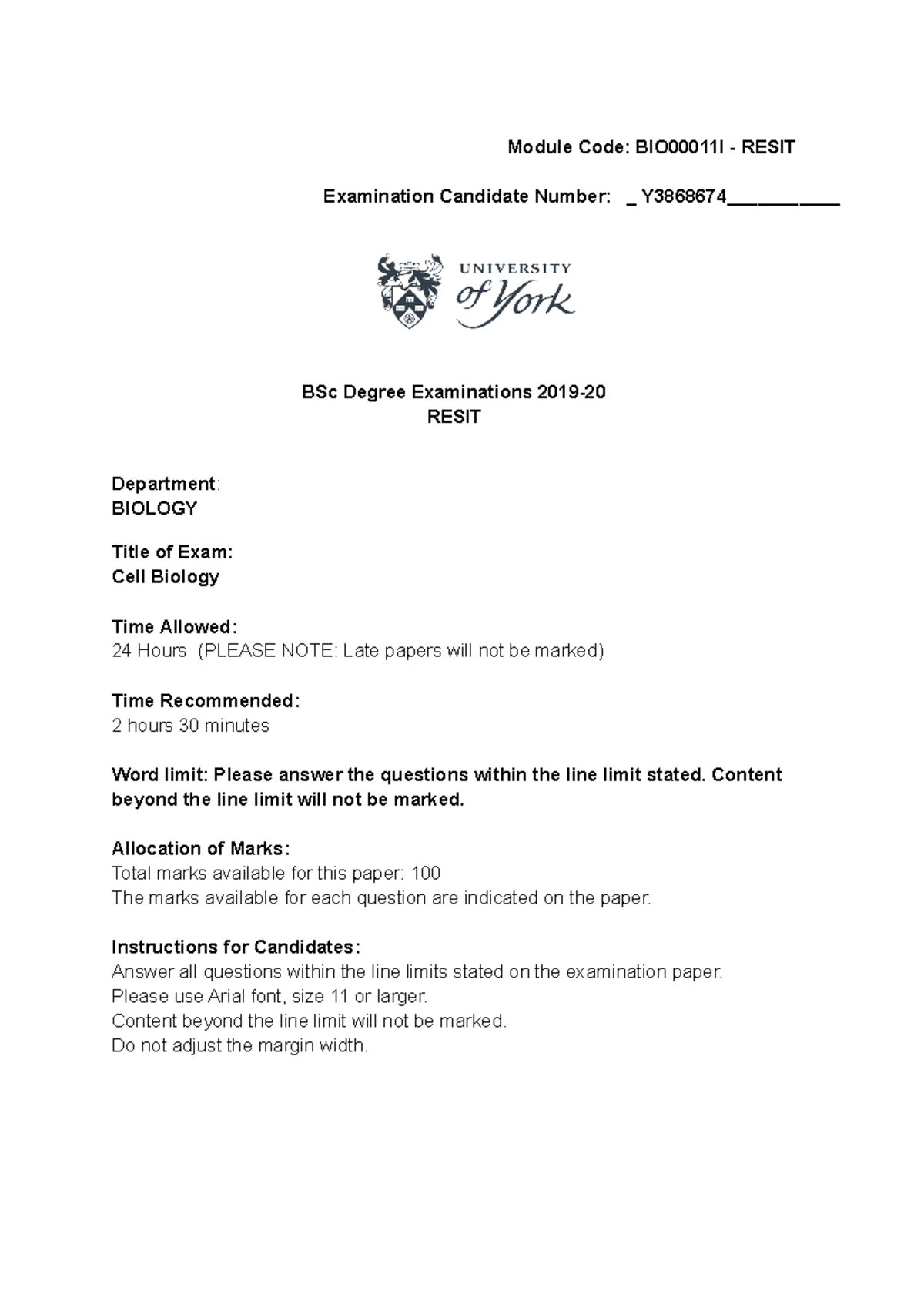 BIO00011 I Cell Biology - 2019 20 Resit Paper - Q only - Module Code ...