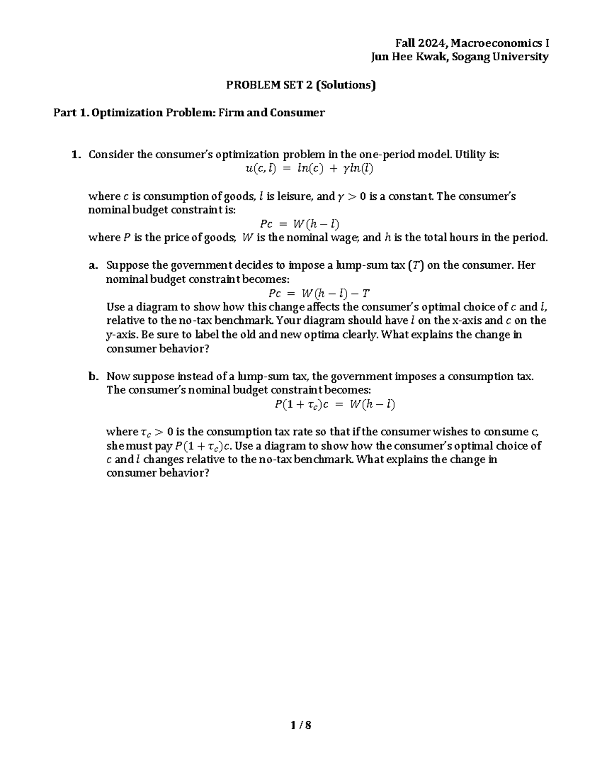 Solutions to Problem Set 2 - Jun Hee Kwak, Sogang University PROBLEM ...